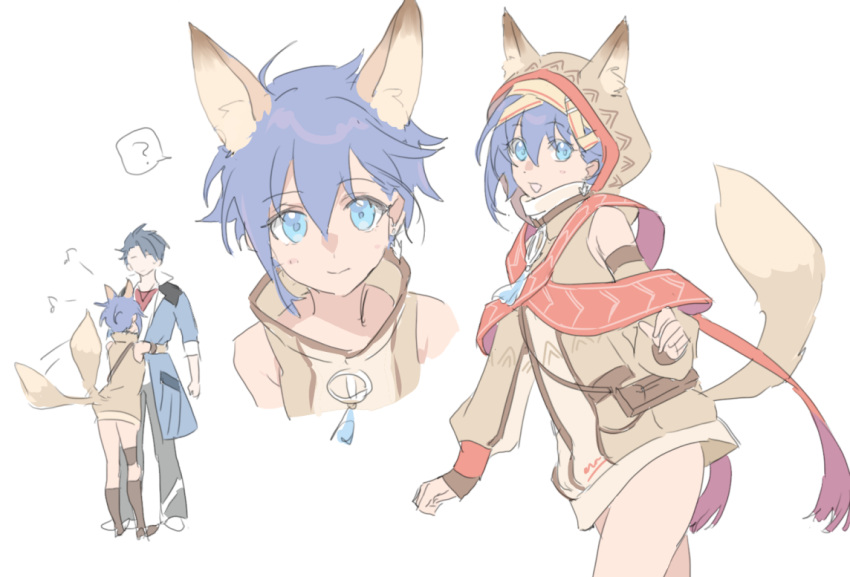 Safebooru - 1boy 1girl :d ? animal ear hood animal ears blue eyes blue hair closed mouth ...