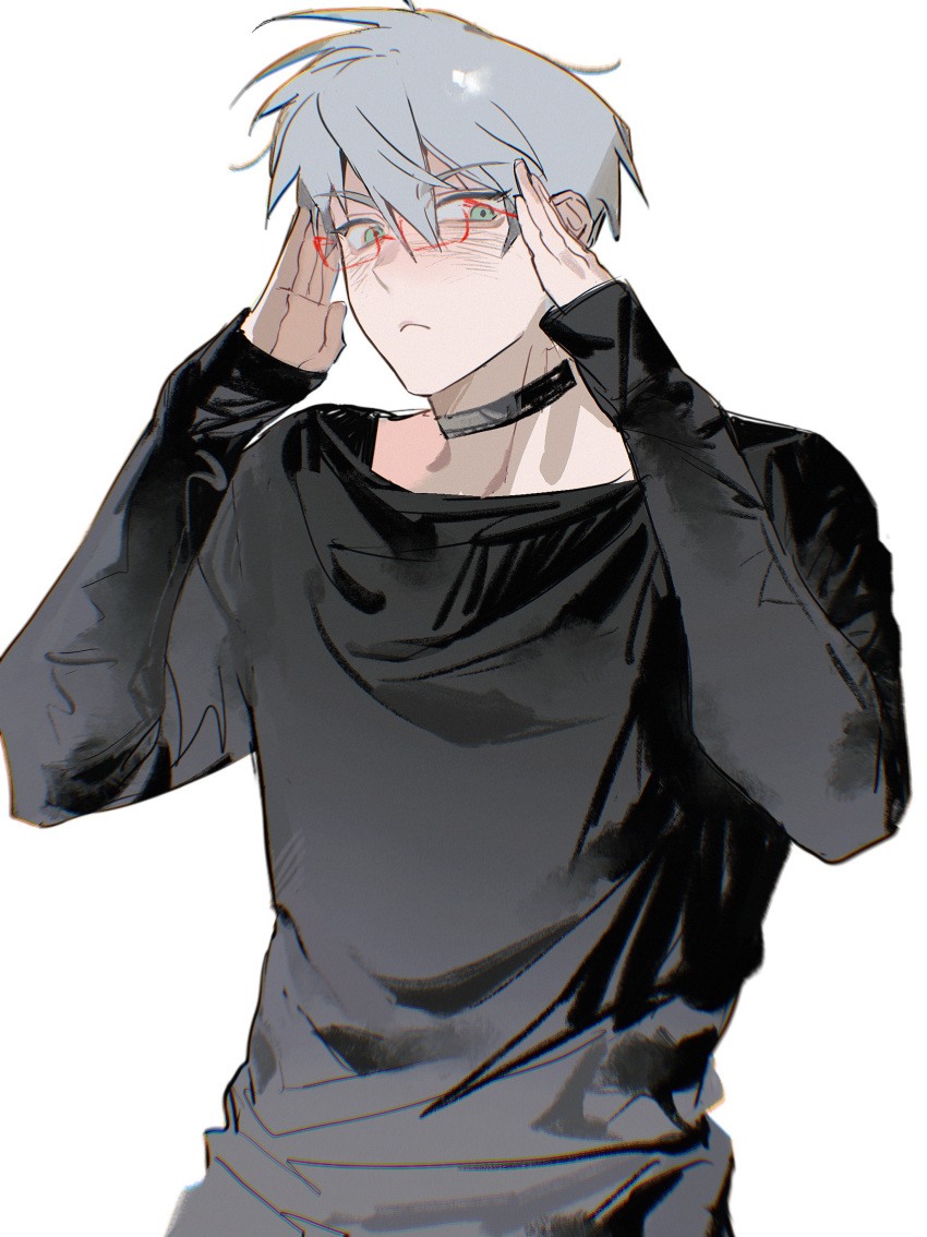 Safebooru - 1boy absurdres alien stage black choker black shirt choker glasses grey hair hands ...