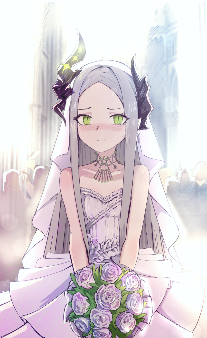 Safebooru - 1girl absurdres bare shoulders black horns blush bouquet breasts dress forehead ...