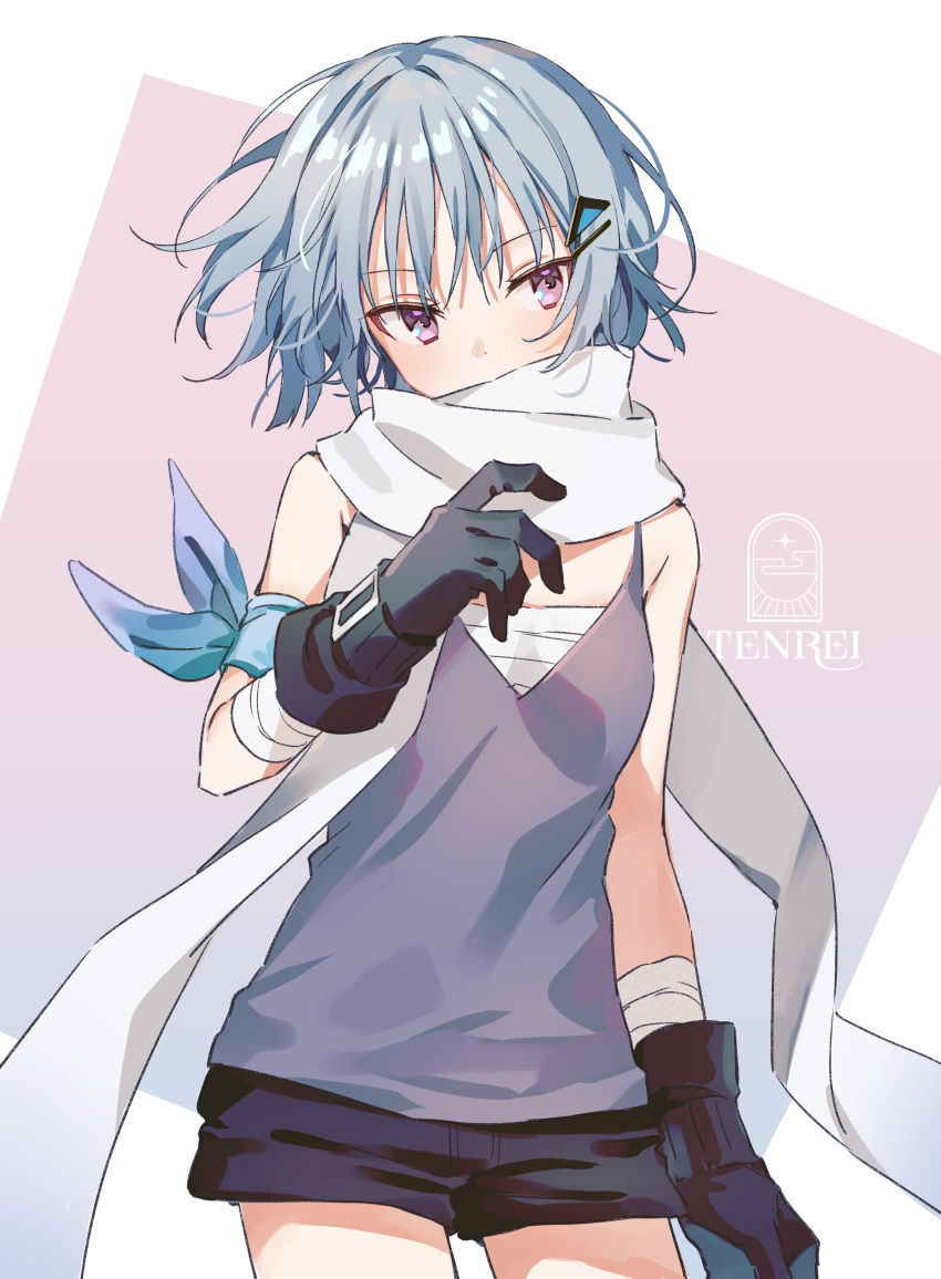 Safebooru - absurdres bandaged arm bandages bare shoulders blue hair blue shorts breasts gloves ...