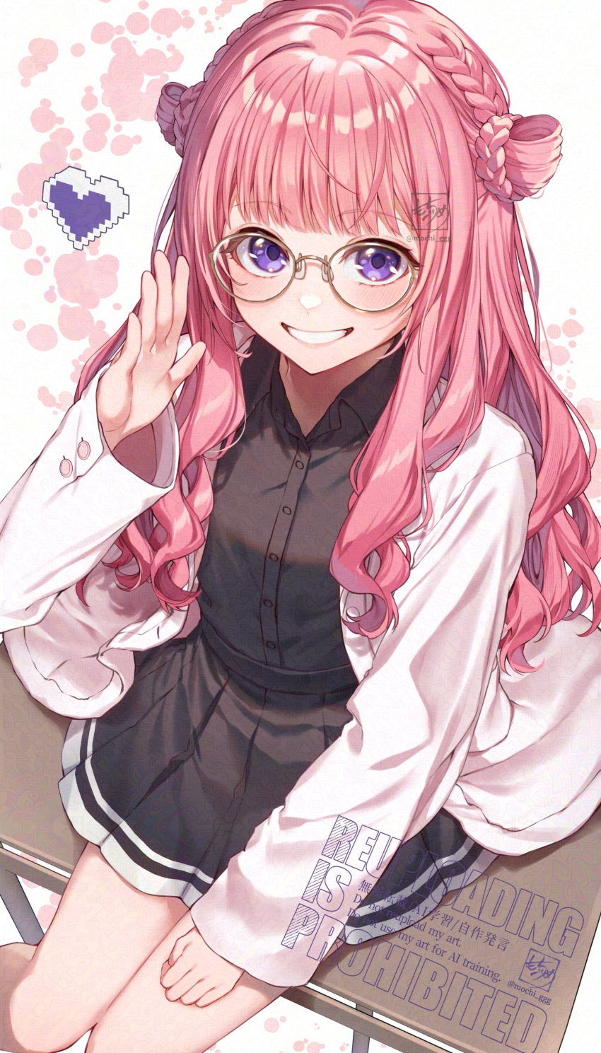 Safebooru - 1girl absurdres black shirt black skirt blue eyes blush braid glasses grin heart ...