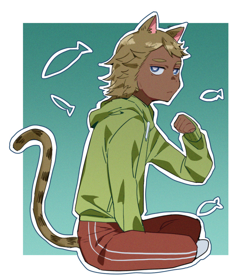 Safebooru - animal ears blue eyes border cat ears cat tail commentary dark-skinned female dark ...