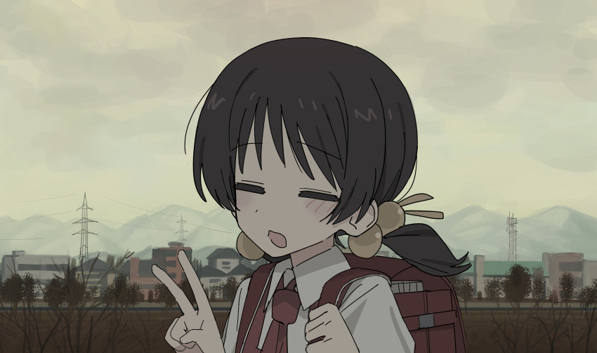 Safebooru - 1girl backpack bag black hair blush building bush channel (caststation) clenched ...