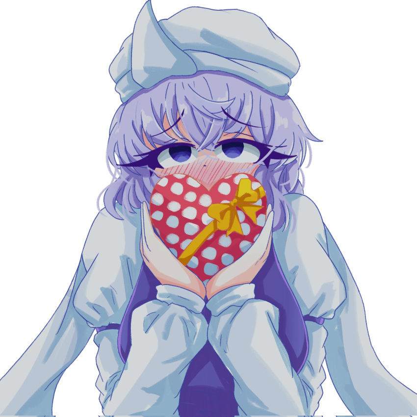 Safebooru - 1girl blue eyes blush box commentary request hat heart ...