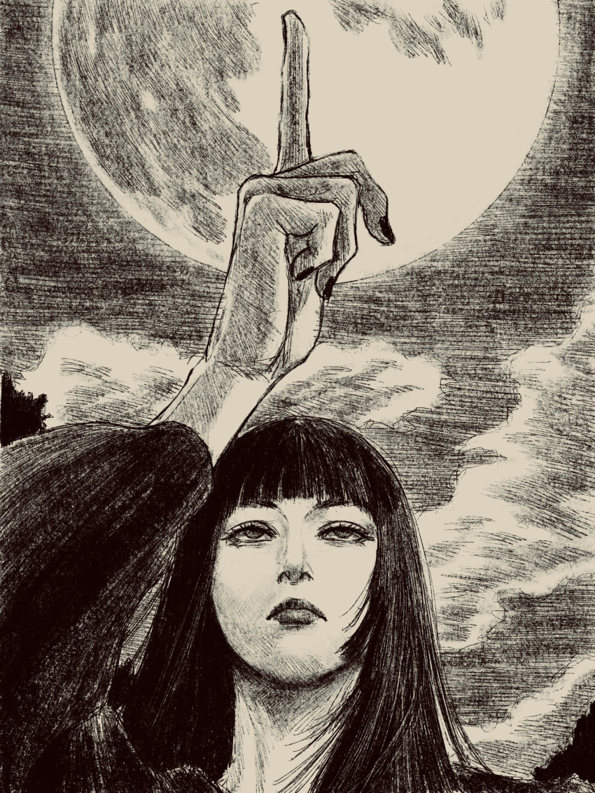 Safebooru 1girl Arm Up Black Hair Close Up Greyscale Highres Index 9691
