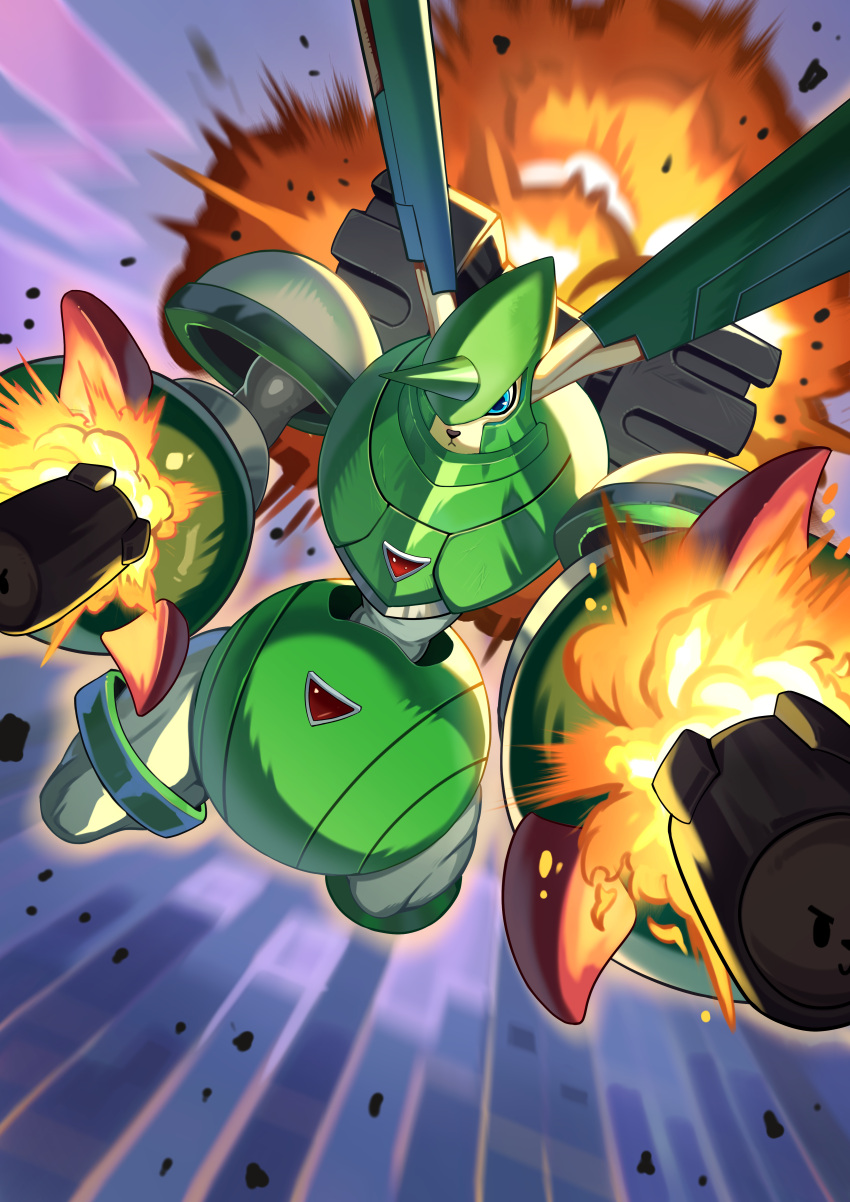 Safebooru - absurdres arm cannon armor blue eyes blurry blurry ...