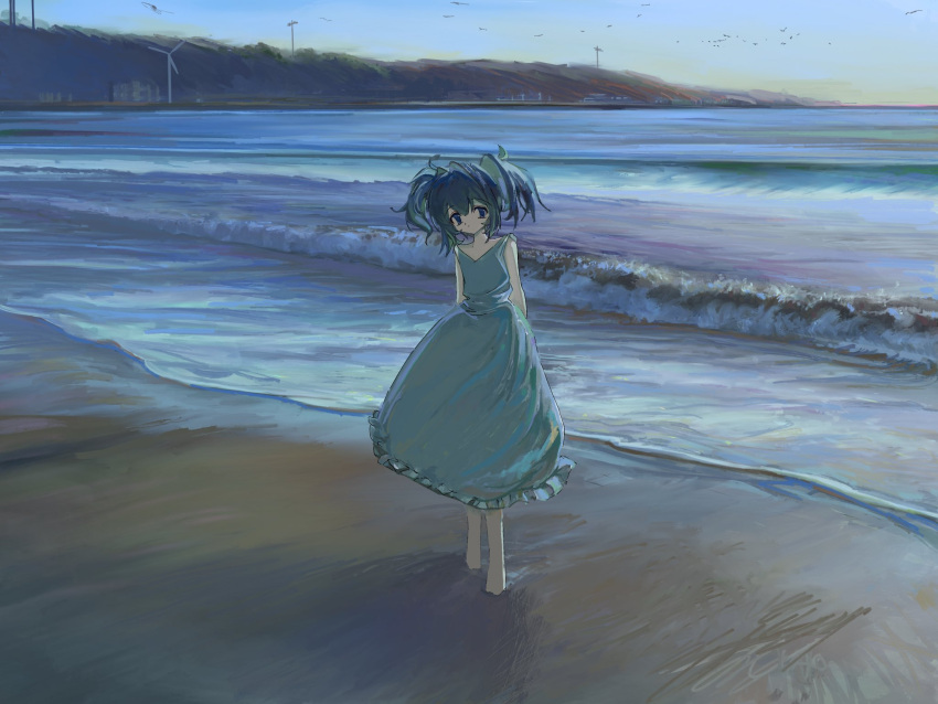 Safebooru - 1girl arms behind back barefoot beach blue eyes blue sky closed mouth dawn dress ...