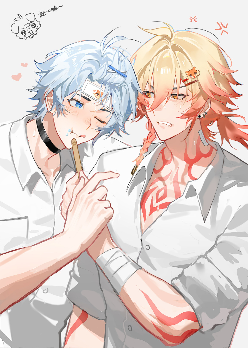Safebooru - 2boys absurdres anger vein antenna hair black choker blonde hair blue eyes blush ...