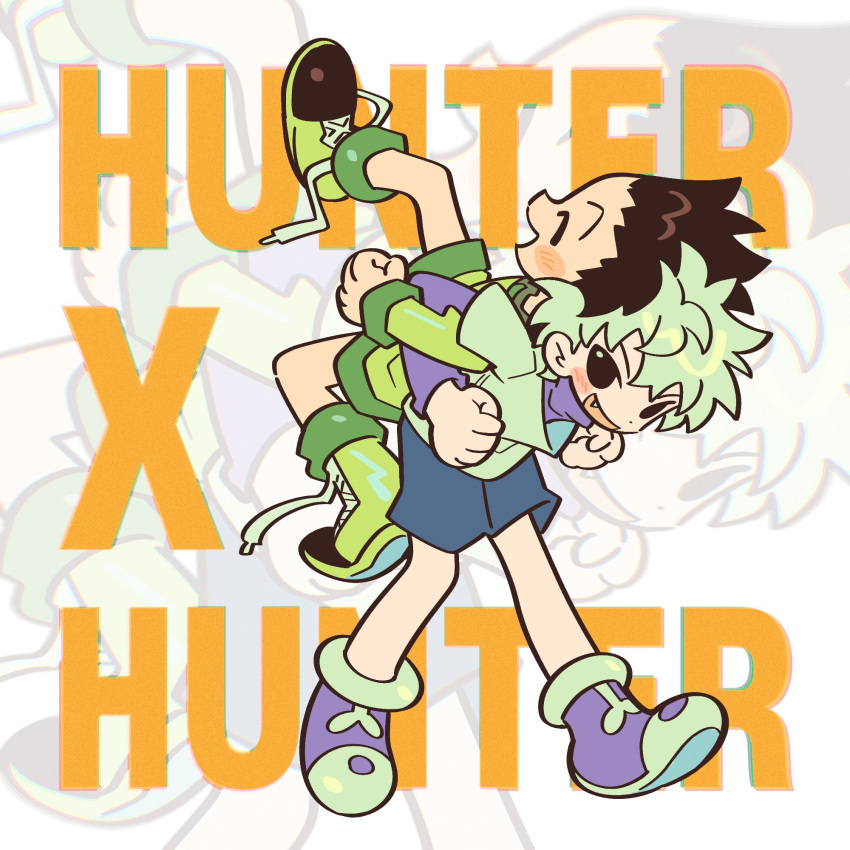 Safebooru - 2boys ^ ^ black eyes black hair blue hair blue shorts blush clenched hands closed ...