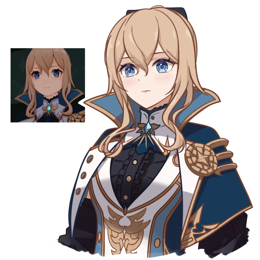 Safebooru - 1girl blonde hair blue capelet blue eyes blush brooch capelet genshin impact highres ...