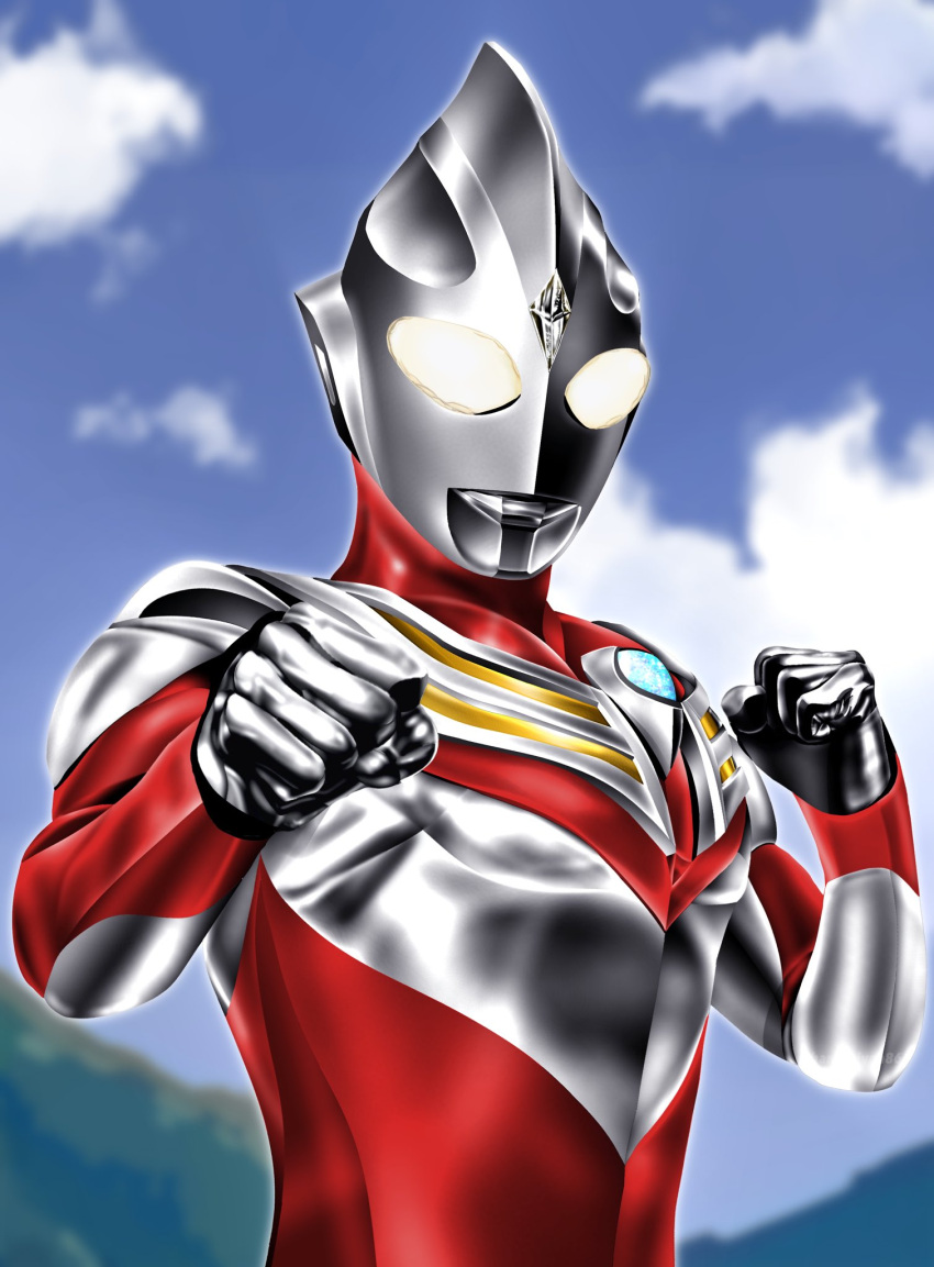 Safebooru - 1boy alien armor blue sky breastplate clenched hands clouds ...