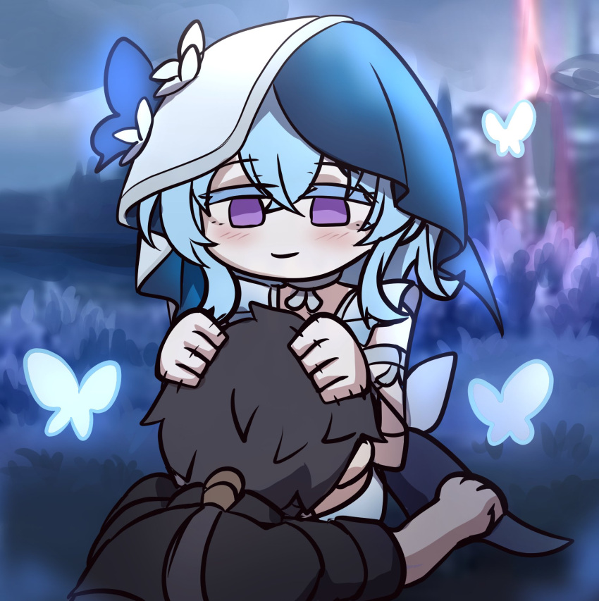 Safebooru - 1boy 1girl black hair blue butterfly blue hair blue veil bug butterfly closed mouth ...