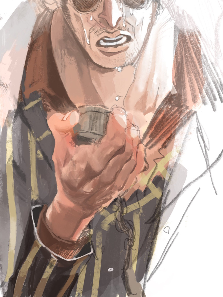 Safebooru - 1boy beard stubble borsalino (kizaru) close-up coat coat on shoulders collared shirt ...