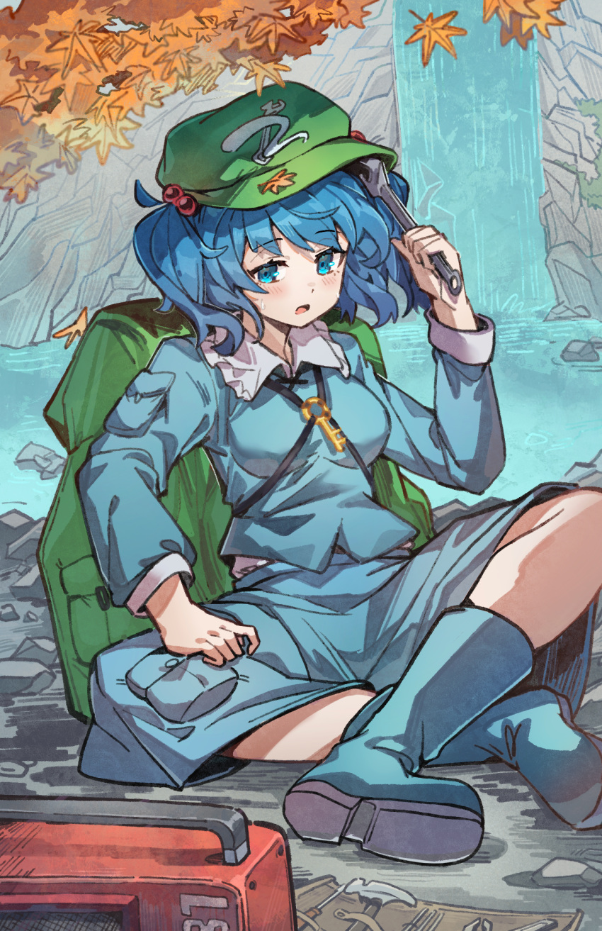 Safebooru - 1girl autumn leaves backpack bag blue eyes blue hair boots flat cap front ponytail ...