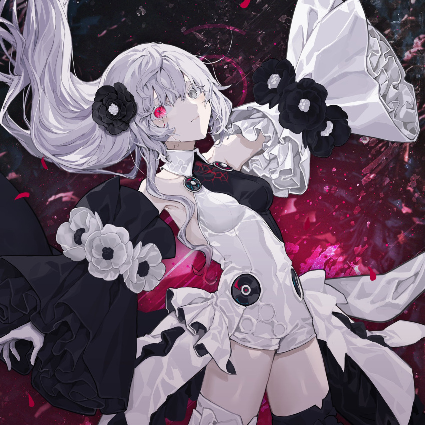 Safebooru - 1girl bare shoulders black flower black sleeves breasts closed mouth collar cracked ...