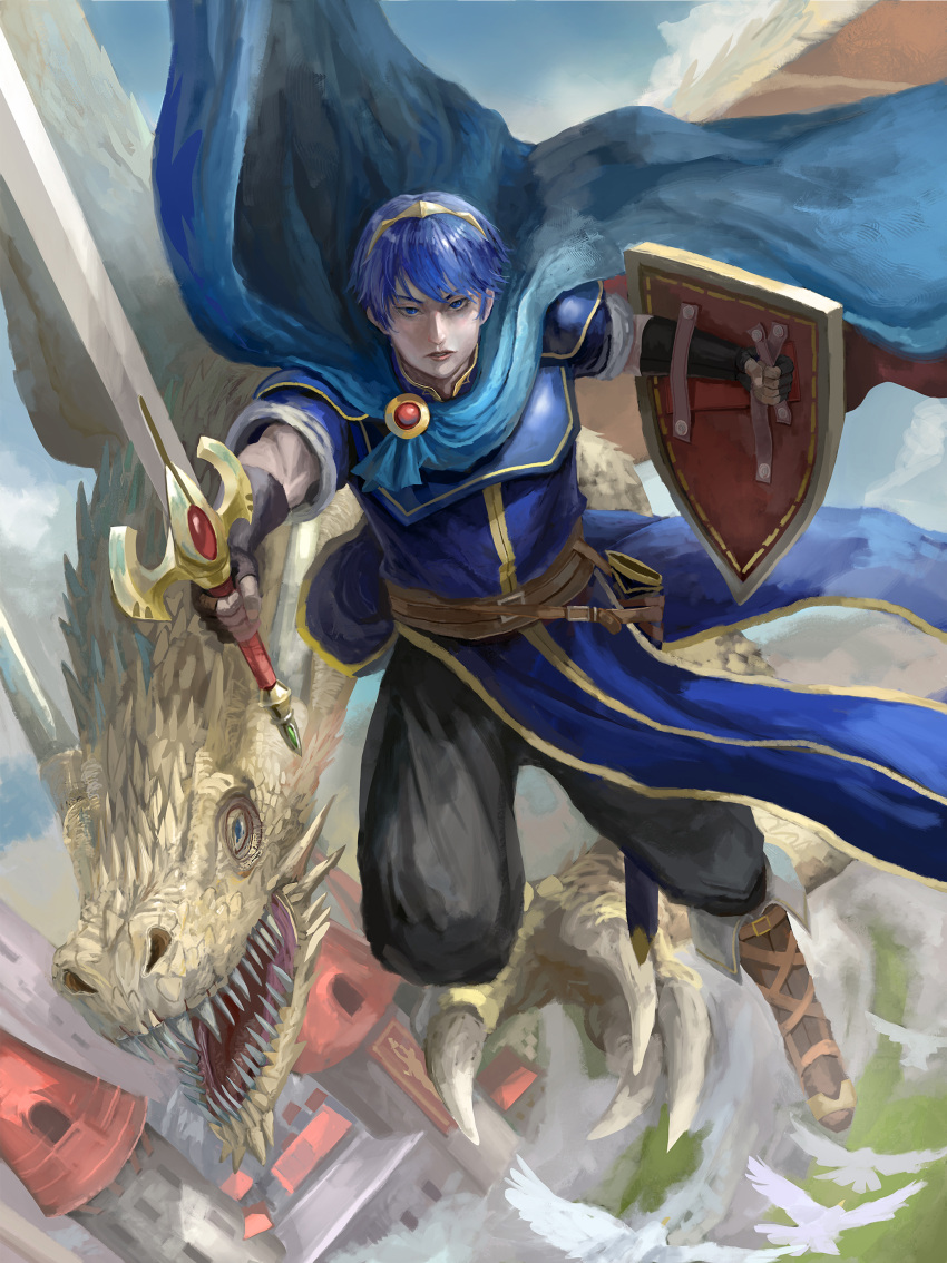 Safebooru - 1boy absurdres arm shield blue eyes blue hair cape castle ...