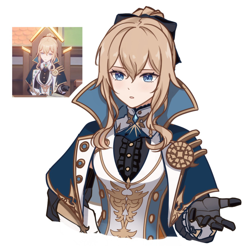 Safebooru - 1girl black bow blonde hair blue capelet blue eyes blush bow brooch capelet genshin ...