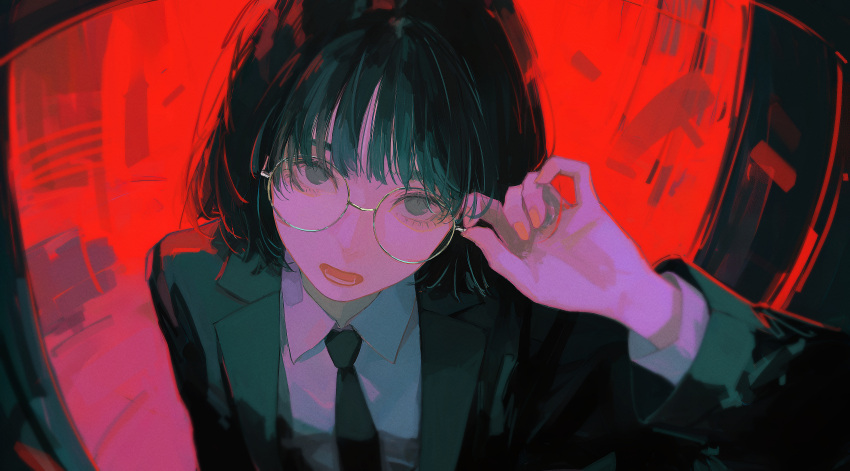 Safebooru - 1girl 96yottea absurdres adjusting eyewear black eyes black hair blunt bangs ...