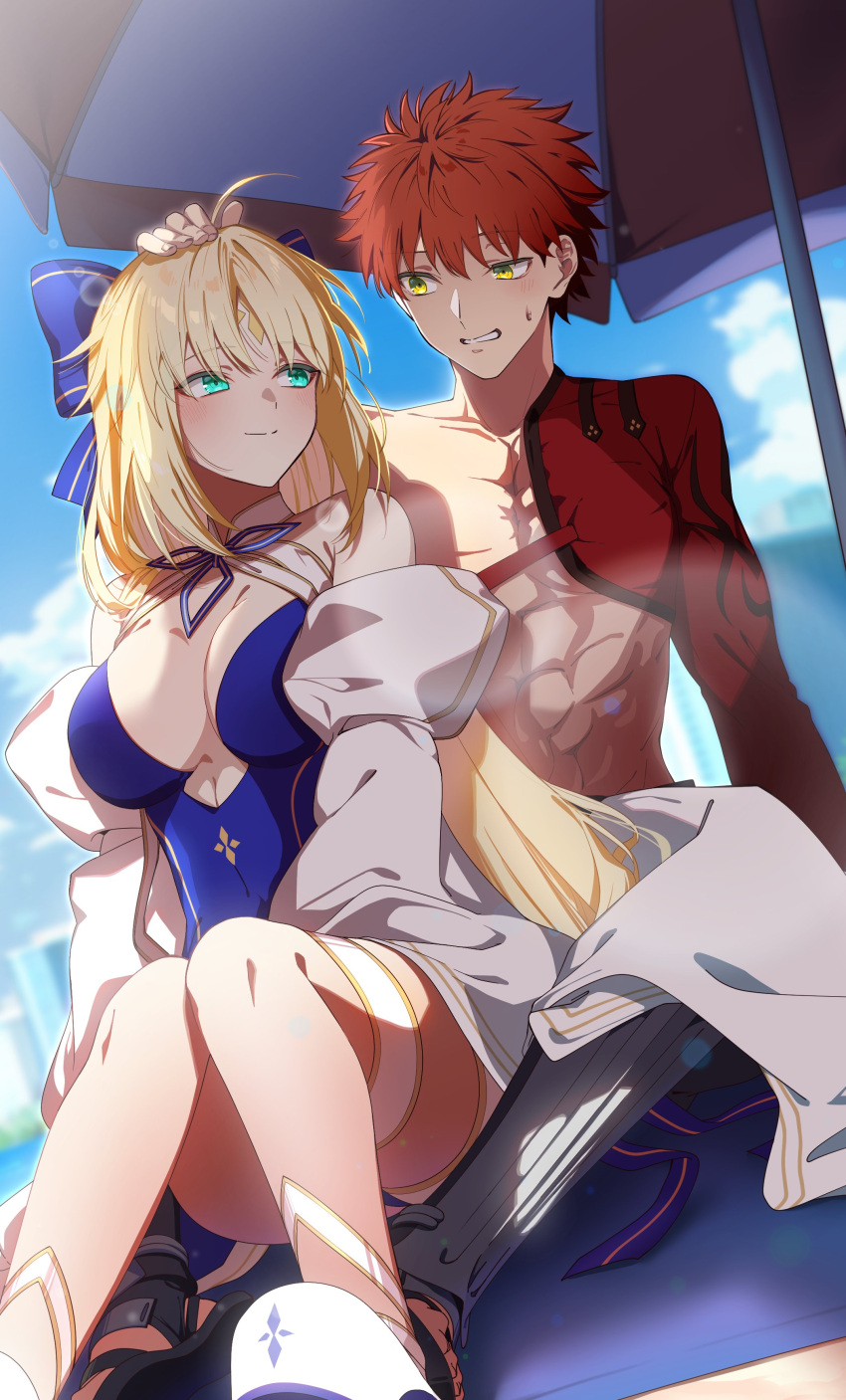 Safebooru - 1boy 1girl abs absurdres ahoge artoria caster (fate) artoria caster (swimsuit ...