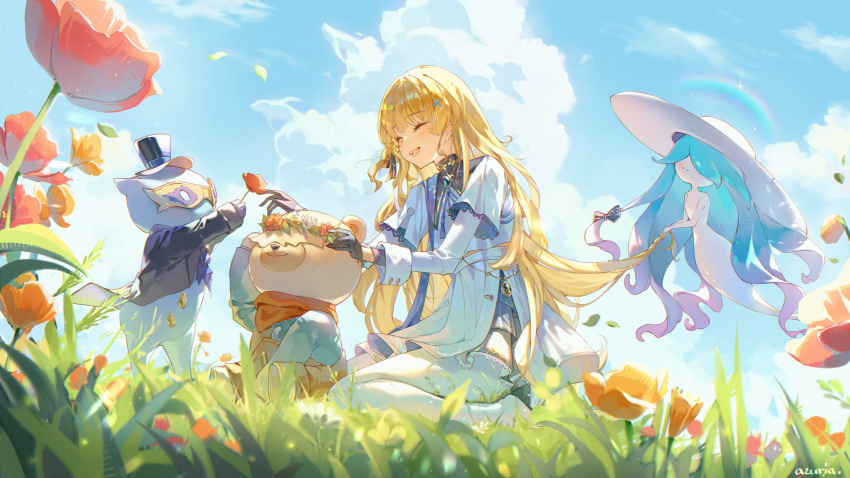 Safebooru - 1girl azuria03 black gloves blonde hair blue sky closed eyes commentary day english ...