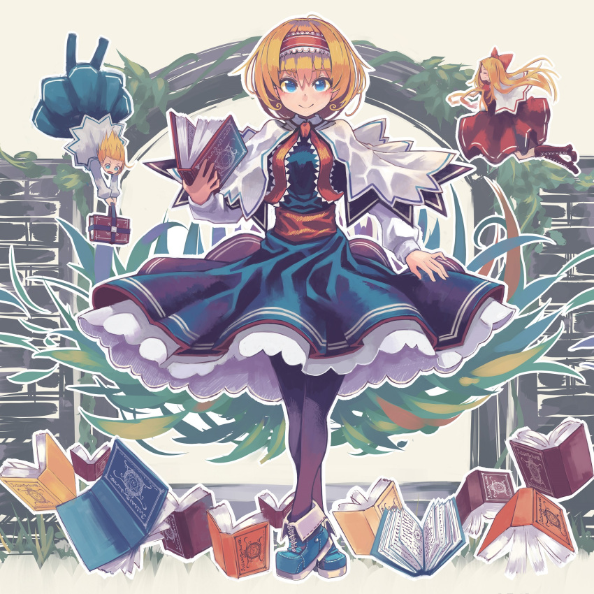 Safebooru - 1girl alice margatroid black legwear blonde hair blue eyes book bow capelet cross ...