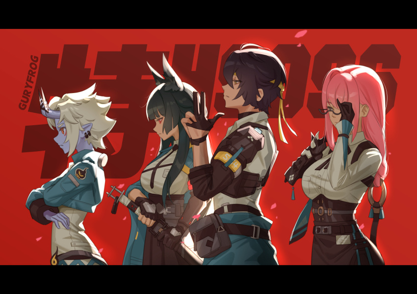 Safebooru - 1boy 3girls animal ear fluff animal ears aqua jacket arm out of sleeve armband armor ...