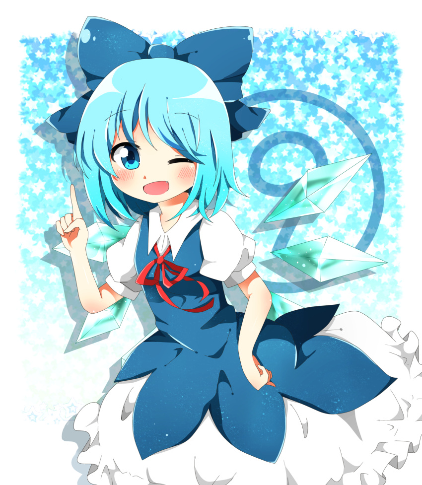 Safebooru - 1girl blue eyes blue hair blush cirno fang hair ribbon hand on hip highres ice ice ...