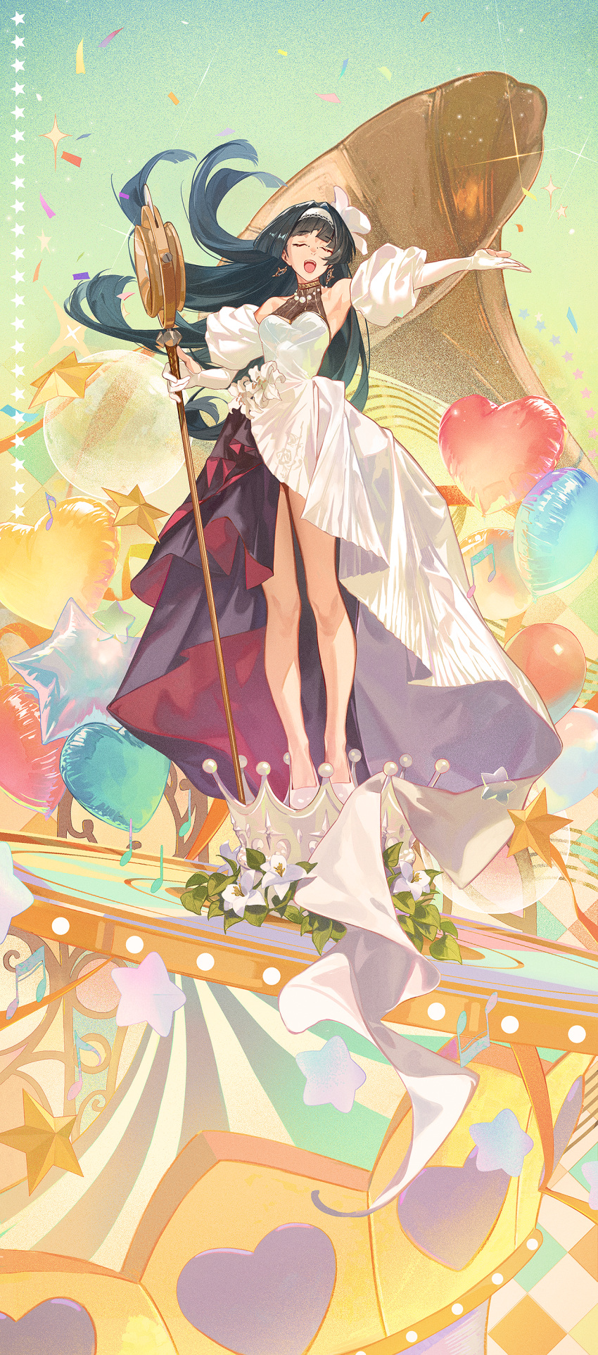 Safebooru - 1girl absurdres alternate costume astra yao balloon bare shoulders black hair border ...