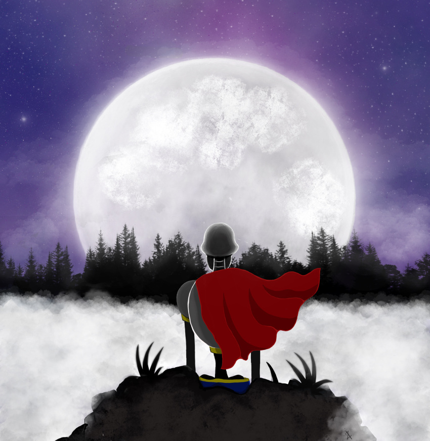 Safebooru - 1boy 2021 2d armor cape digital media from behind full moon ...