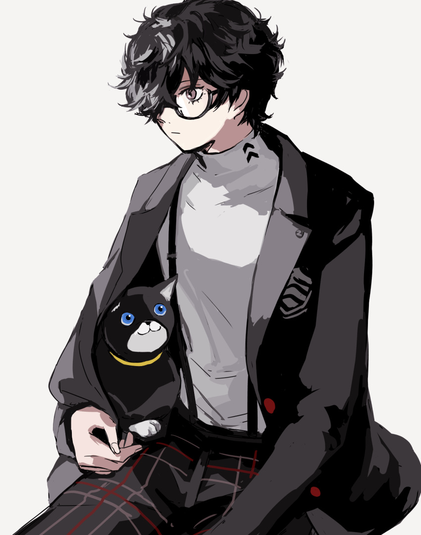 Safebooru - 1boy amamiya ren animal on lap black-framed eyewear black cat black hair black ...