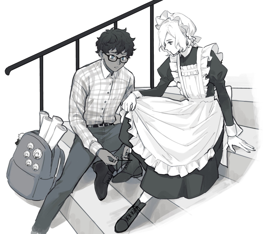 Safebooru - 2boys alternate costume androgynous apron backpack bag crossdressing dark-skinned ...