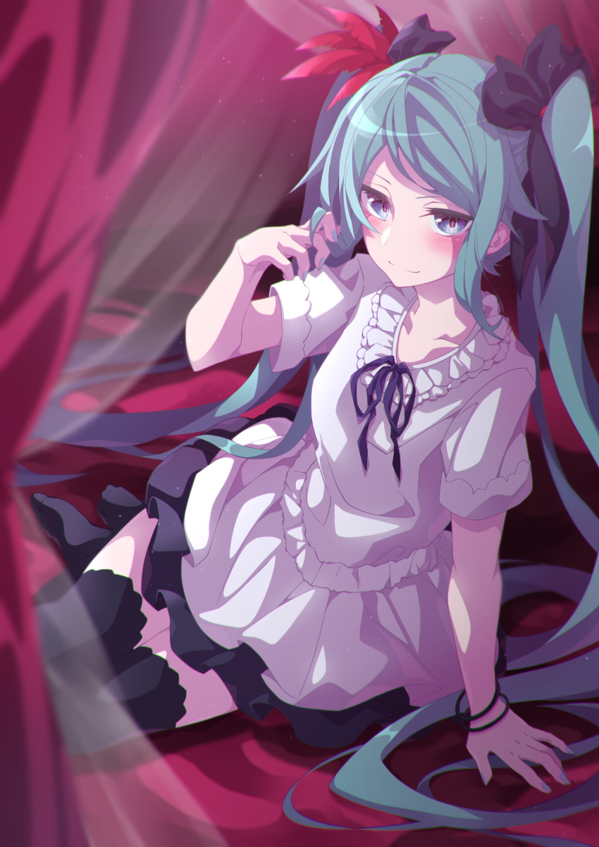 Safebooru - 1girl aosaki yato aqua eyes aqua hair black ribbon black thighhighs blue eyes blue ...