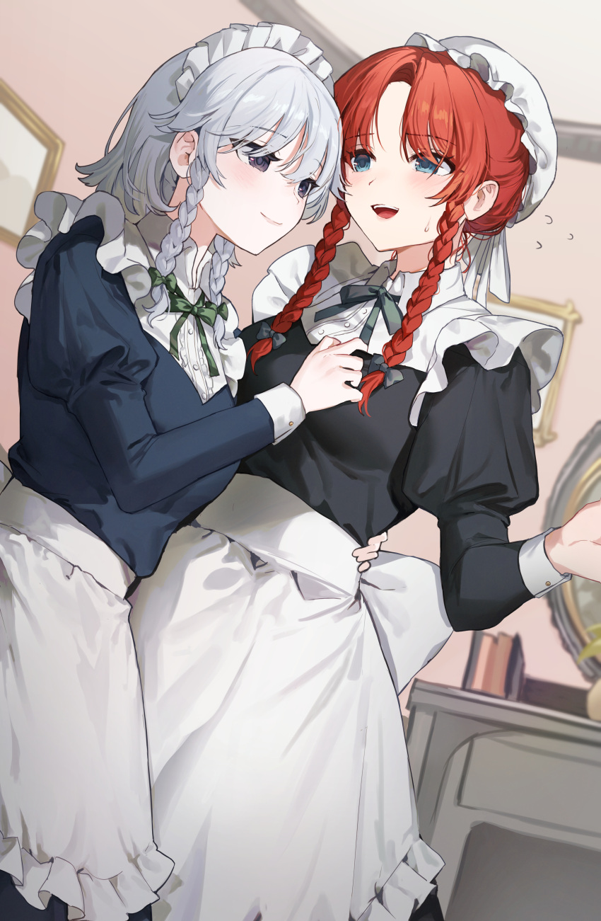 Safebooru - 2girls :d absurdres alternate costume apron back bow black bow black dress black ...