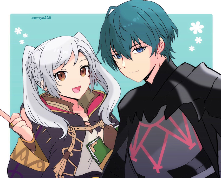 Safebooru - 1boy 1girl :d aqua background armor artist name black robe ...