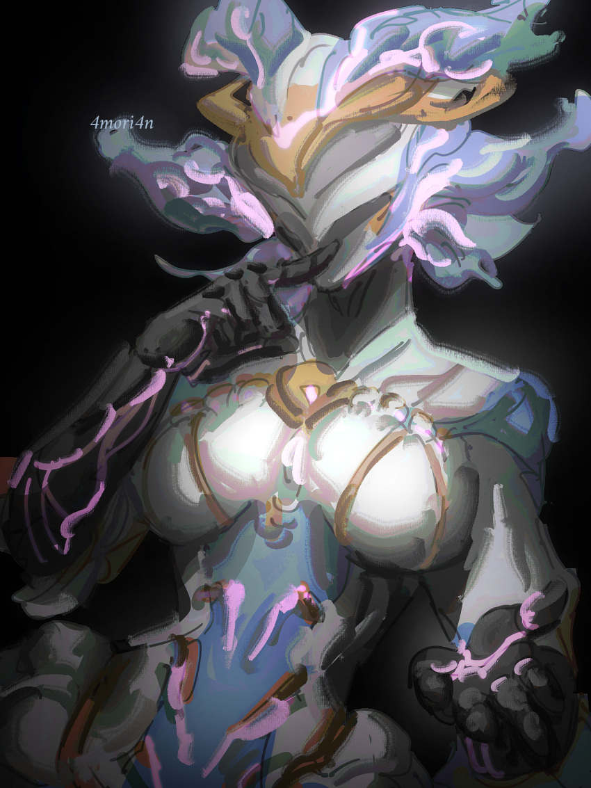 Safebooru - 1girl 4mori4n artist name black background bodysuit breasts finger to mouth gold ...