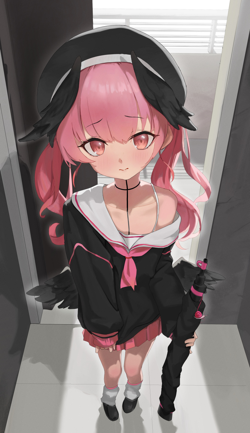 Safebooru - 1girl absurdres beret black hat black shirt black shoes black wings blue archive ...