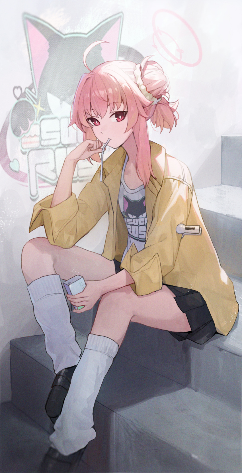 Safebooru - 1girl black shoes black skirt blue archive bright pupils hair bun highres jacket ...