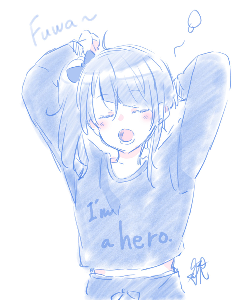 Safebooru - 1girl :o absurdres arms up black bow black hair black pants black shirt bow closed ...