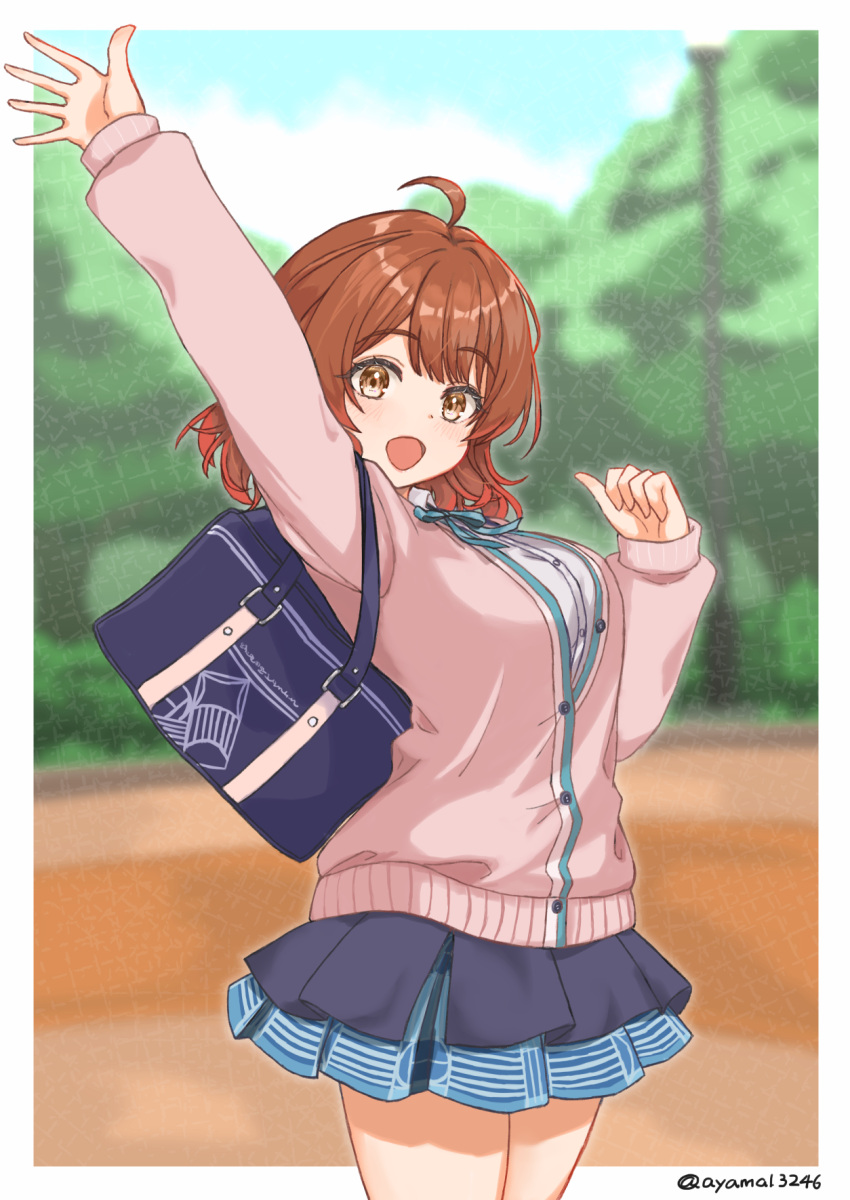 Safebooru - 1girl ahoge arm up ayamal (mainichi ryokucha) bag black overskirt blue ribbon blue ...