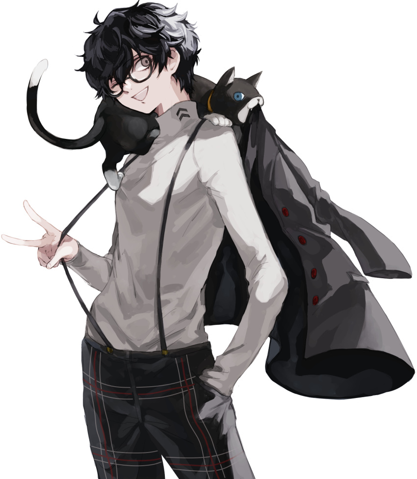 Safebooru - 1boy amamiya ren animal on shoulder black-framed eyewear black cat black hair black ...