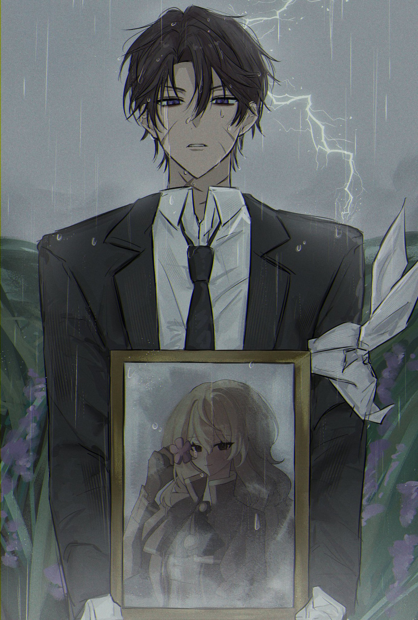 Safebooru - 1boy 1girl armband bandaged arm bandages black suit blonde hair brown eyes brown ...