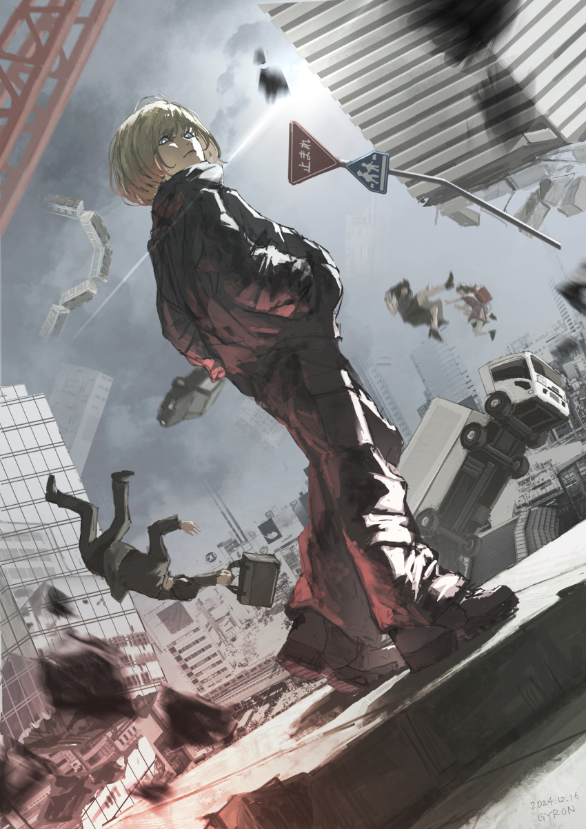 Safebooru - 2boys 2girls absurdres armald0 backpack bag blonde hair blue eyes box truck car city ...