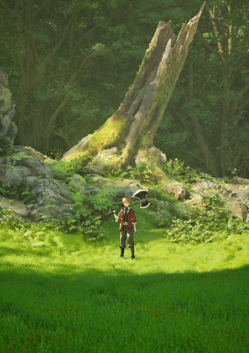 Safebooru - absurdres axe battle axe black pants day fujidora jp grass highres holding holding ...