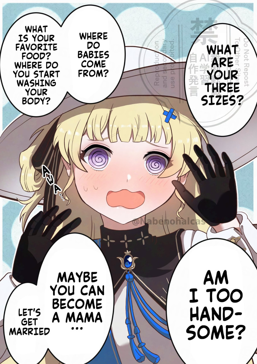 Safebooru - 1girl @ @ black gloves blonde hair blue gemstone blush ...