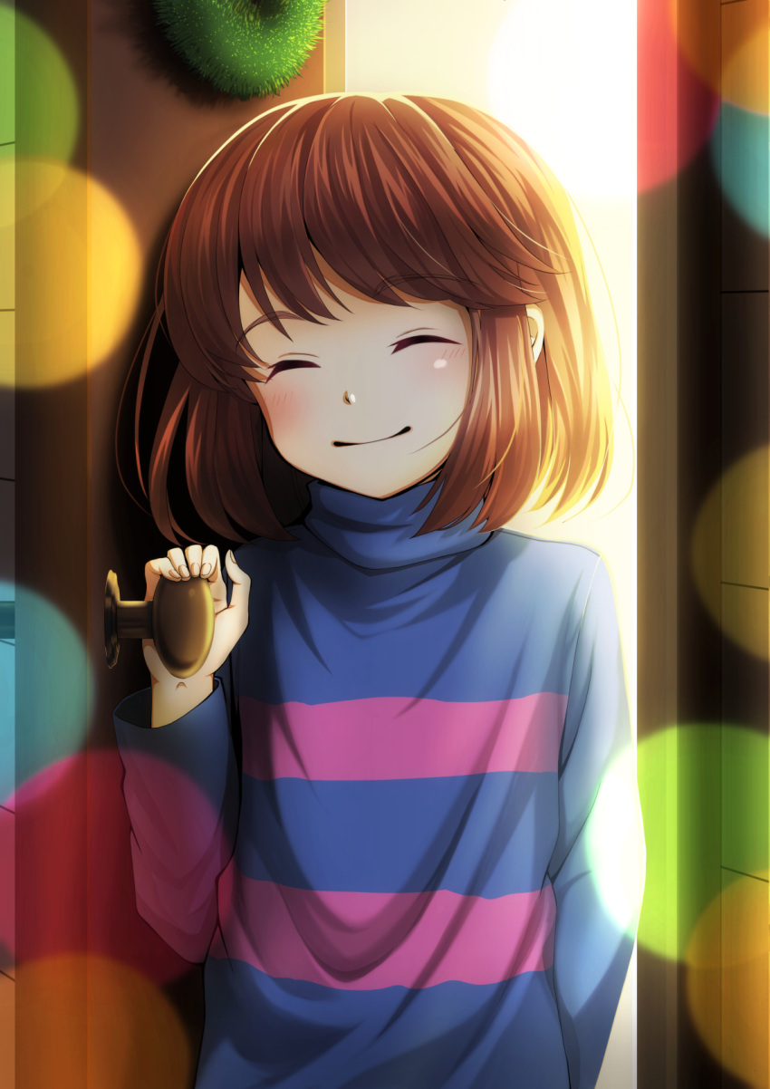 Safebooru - 1other ^ ^ arm behind back blue sweater blush bob cut brown ...