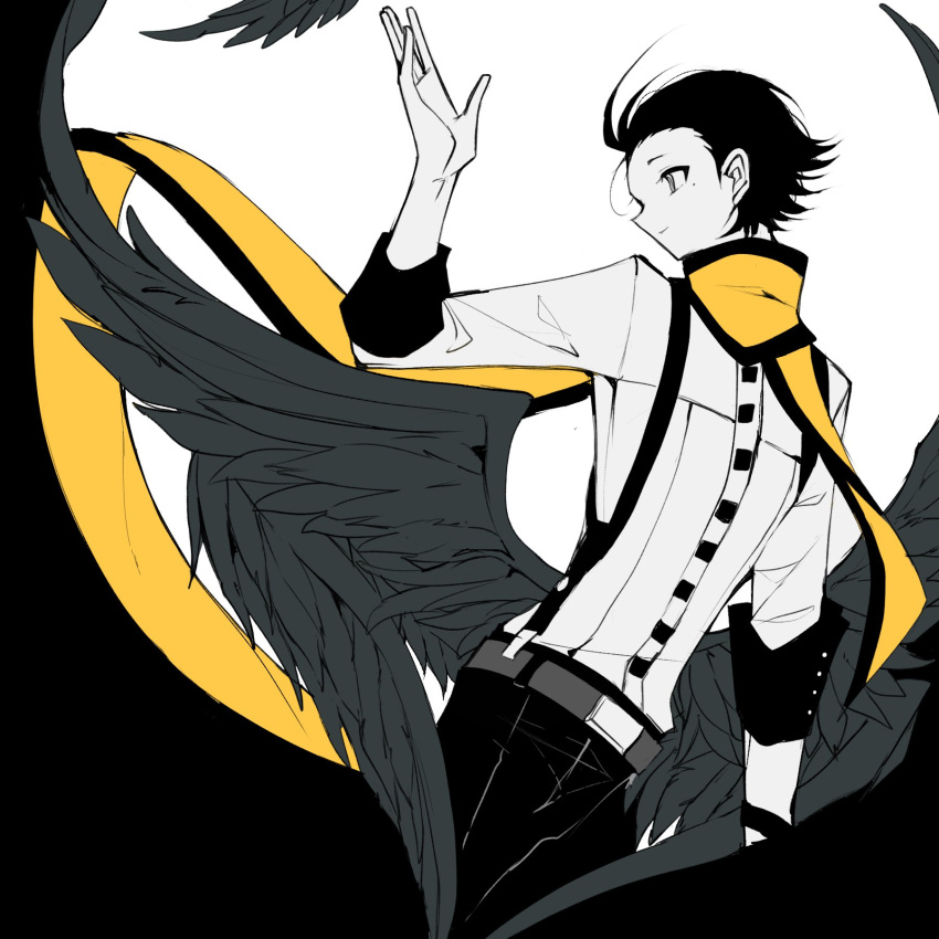 Safebooru - 1boy arm up belt belt buckle black pants black trim black wings buckle buttons ...