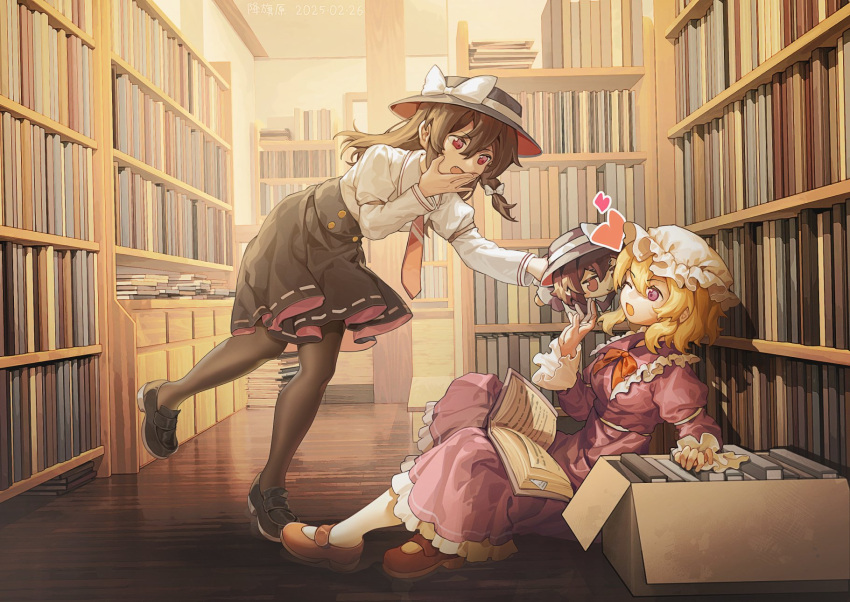 Safebooru - 2girls black pantyhose black shoes blonde hair book bookshelf bow box brown hair ...