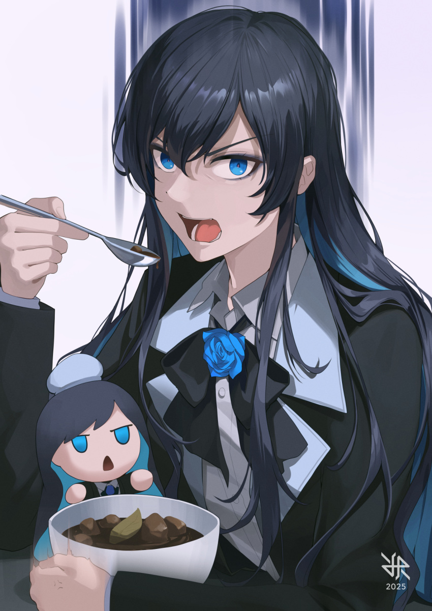 Safebooru - 1girl 2025 ado (utaite) angry artist logo black bow black bowtie black hair black ...