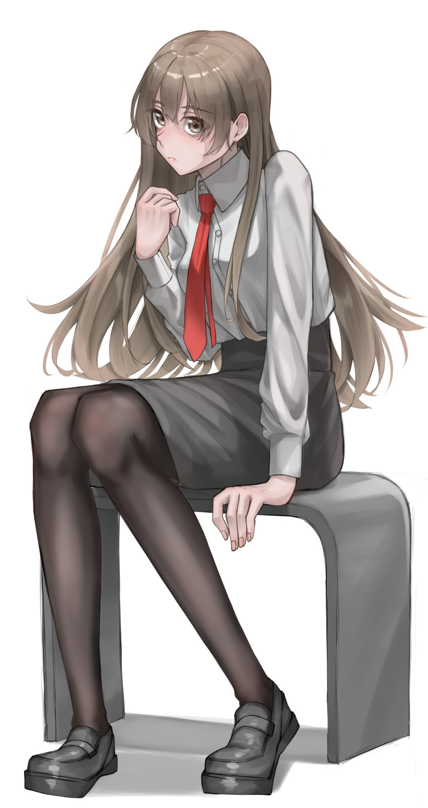Safebooru - 1girl black pantyhose black shoes black skirt breasts brown eyes brown hair frown ...