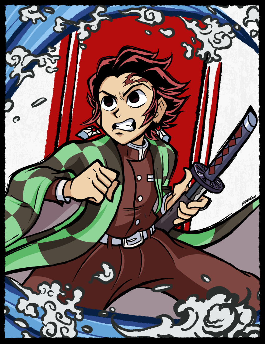 Safebooru - 1boy absurdres black eyes brown hair checkered haori ...